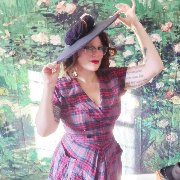 Vintage | Accessories | Vintage 94s Navy Blue Wide Brim Straw Hat With ...